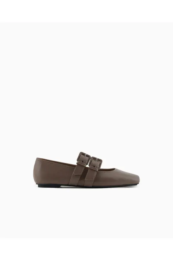 Emporio Armani Nappa Leather Square-toe Ballerinas With Double Strap - Natural