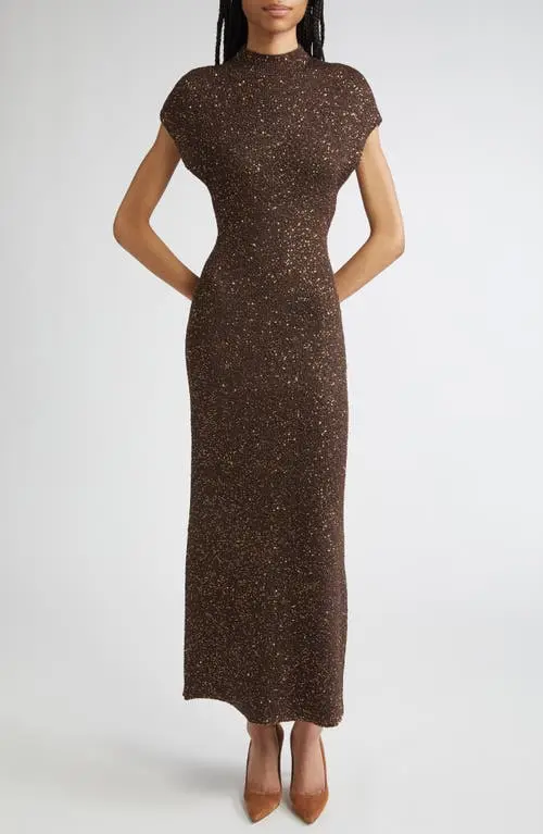 Lela Rose Funnel Neck Sequin Knit Maxi Dress