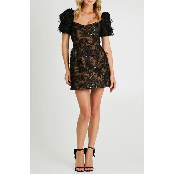 HELSI Sequin Floral Appliqué Cocktail Minidress - Black
