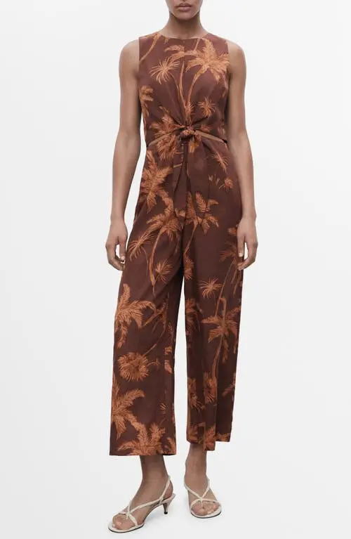Mango Tie Front Cutout Jumpsuit - Brown