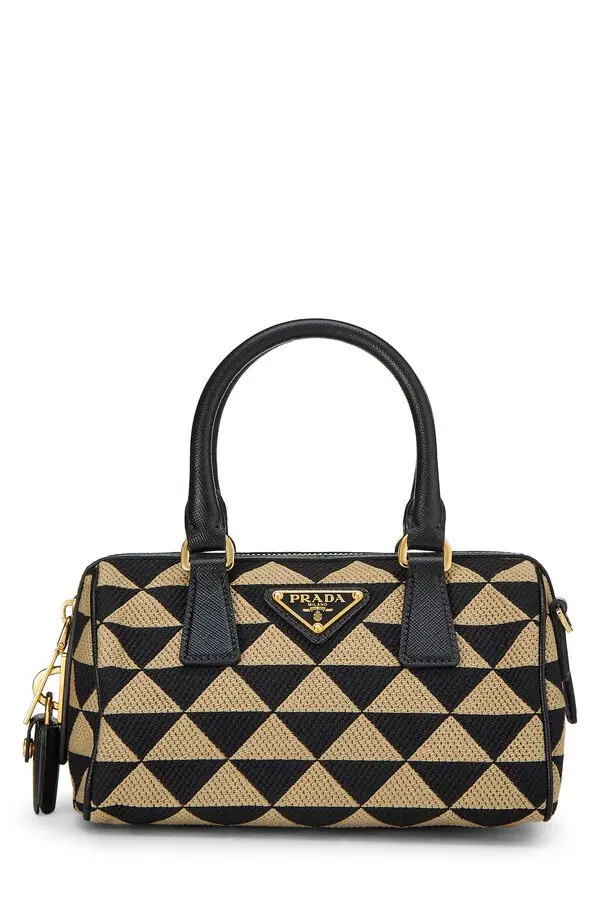 Prada Jacquard Canvas Symbole Boston Bag Mini In Black - 20% Off
