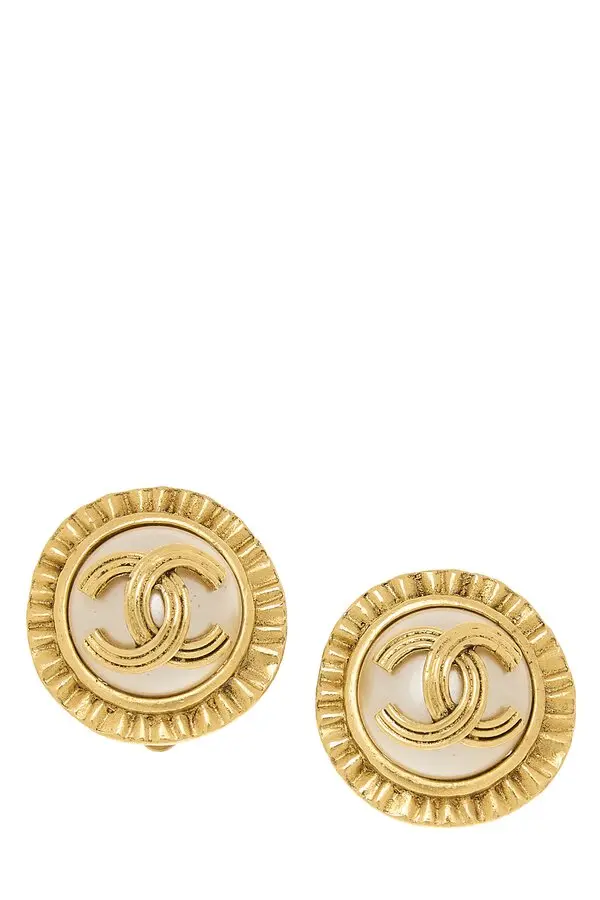 Chanel Faux Pearl Button Earrings - Gold