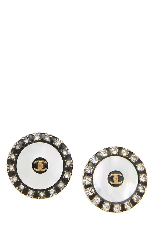 Chanel Mother Of Pearl And Crystal Button Clip-on Earrings - Black