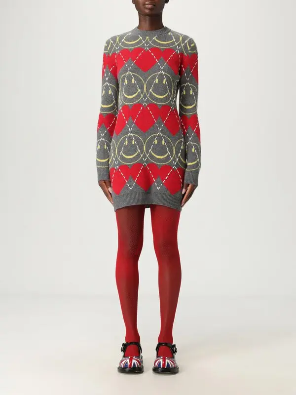 Moschino Smiley Face" Argyle Sweater Dress - Red