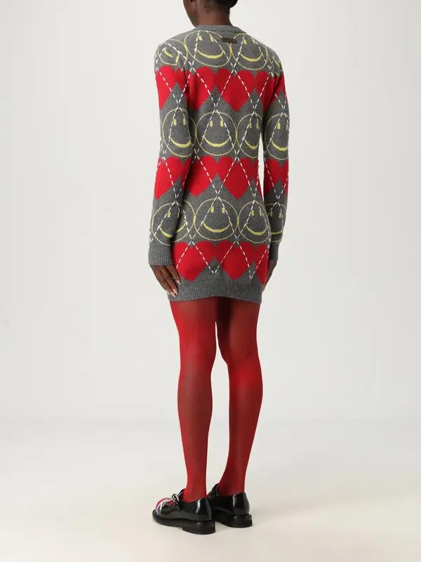 Moschino Smiley Face" Argyle Sweater Dress - Red