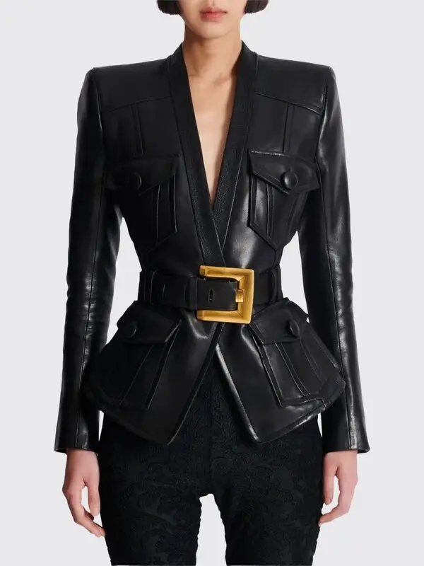 Balmain Cropped Belted Lamb Leather Jacket With Padded Shoulders - Black