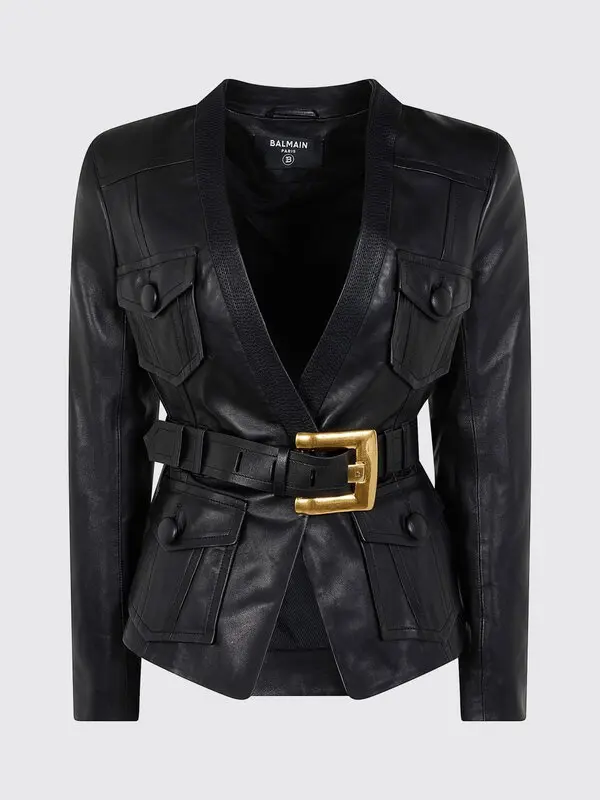 Balmain Cropped Belted Lamb Leather Jacket With Padded Shoulders - Black