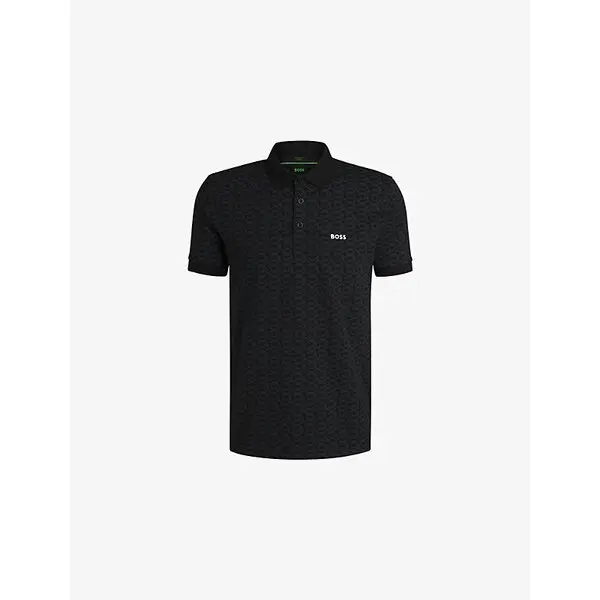 BOSS Graphic-print Logo-embroidered Stretch-cotton Polo - Black