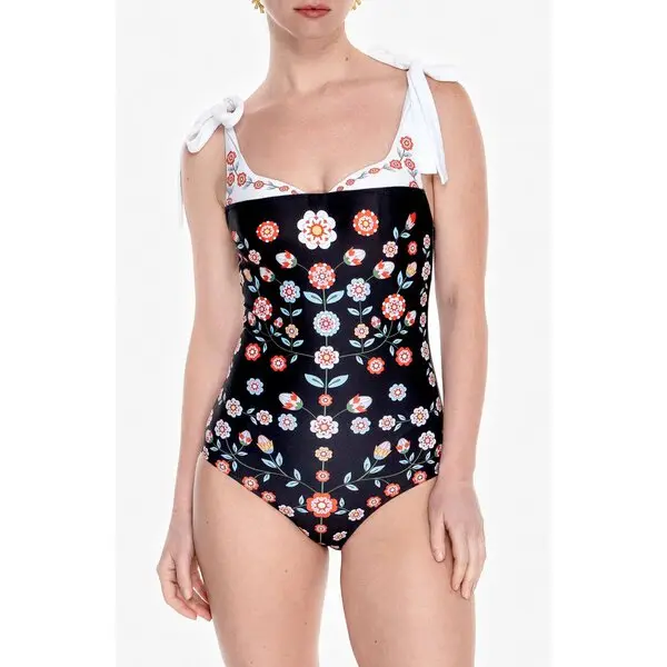 JESSIE ZHAO NEW YORK Floral Print Recycled Lycra One-piece Swimsuit - Black