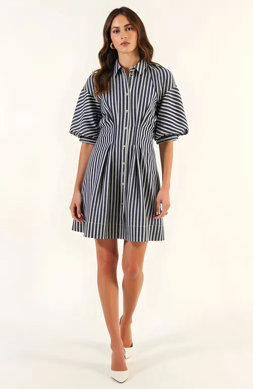 MODENAIRE Striped Puff Sleeve Shirt Dress - Navy Blue /white Stripe