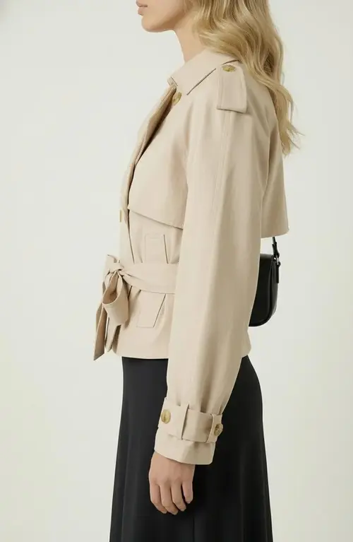 MODENAIRE Cropped Double-breasted Trench Jacket With Waist Tie