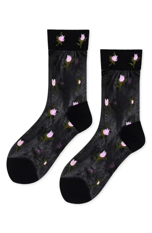 Hansel From Basel Rosebud Sheer Crew Socks - Black