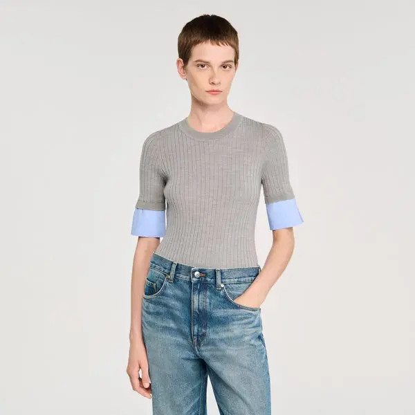 Sandro Fine Rib Knit Sweater With Poplin Inserts