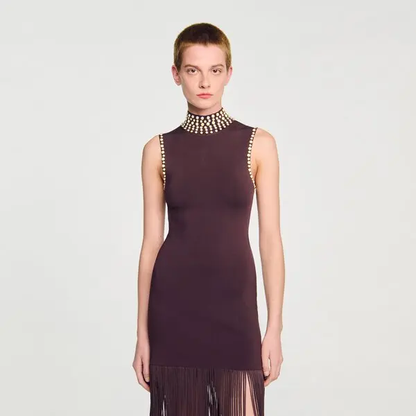 Sandro Fringed Knit Midi Dress In Brown - 30% Off | Editorialist
