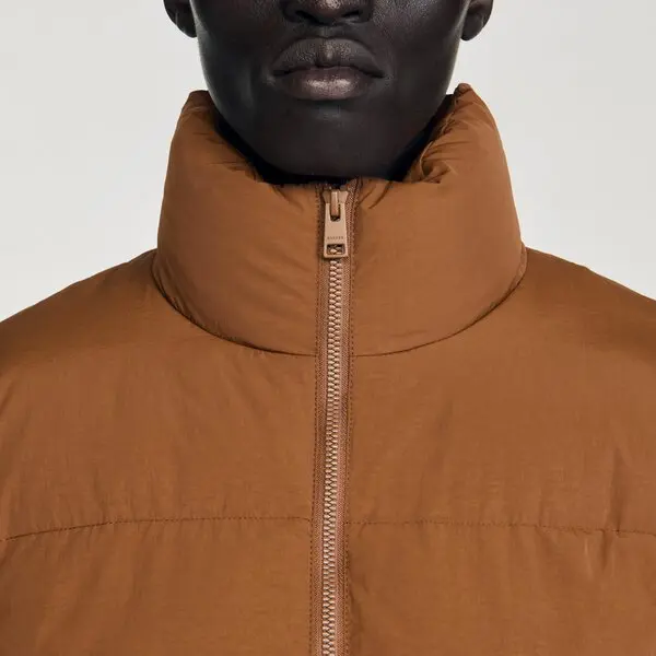 Sandro Hooded Puffer Jacket With High Collar - Cognac