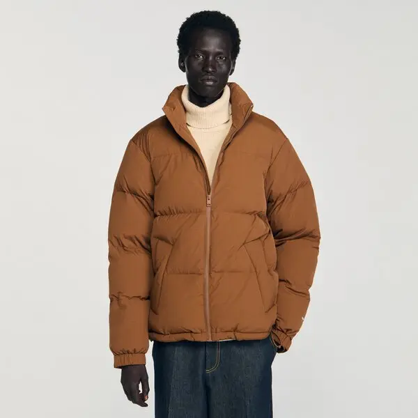 Sandro Hooded Puffer Jacket With High Collar - Cognac