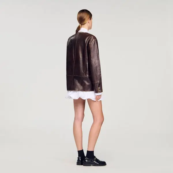 Sandro Long Distressed Leather Jacket - Black Brown