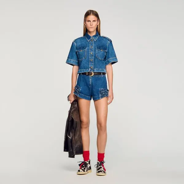 Sandro Flared Denim Ruffle Shorts - Blue Jean