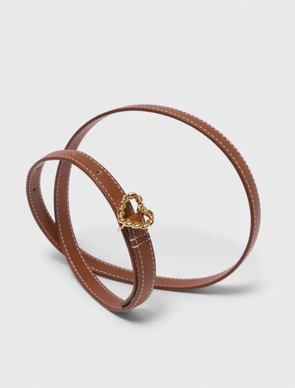 Maje Slim Leather Belt With Gold Heart Detail - Camel