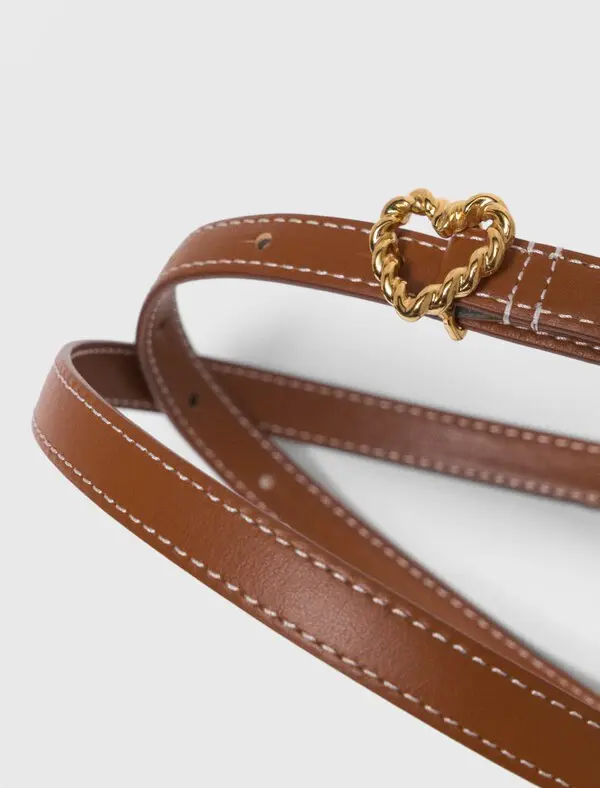Maje Slim Leather Belt With Gold Heart Detail - Camel