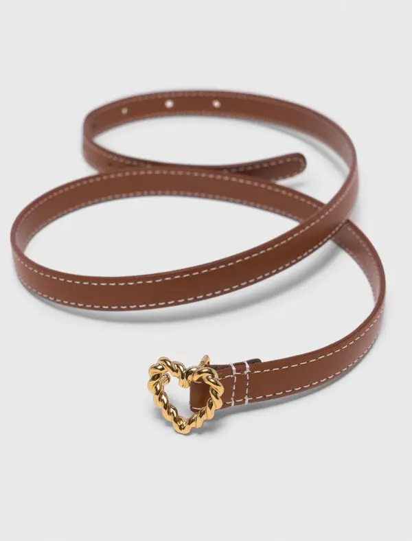 Maje Slim Leather Belt With Gold Heart Detail - Camel