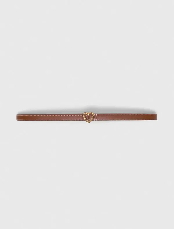 Maje Slim Leather Belt With Gold Heart Detail - Camel