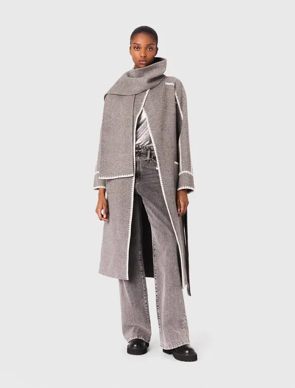 Maje Wool Double-faced Long Coat With Scarf - Grey/white