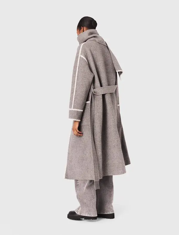Maje Wool Double-faced Long Coat With Scarf - Grey/white
