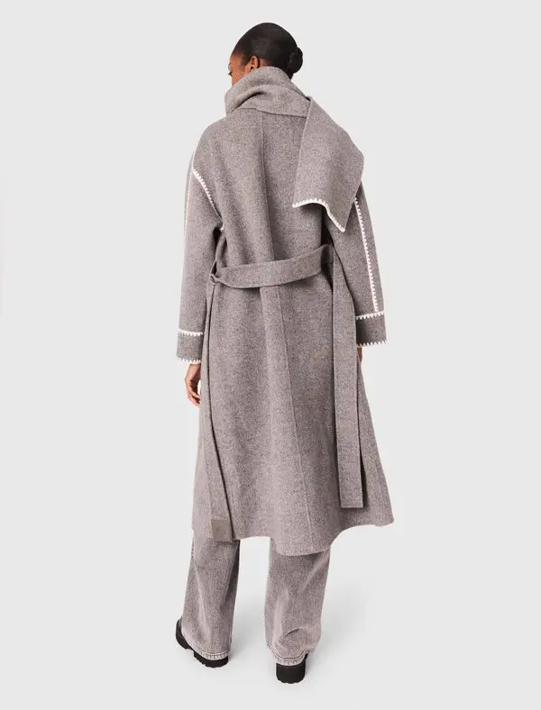 Maje Wool Double-faced Long Coat With Scarf - Grey/white