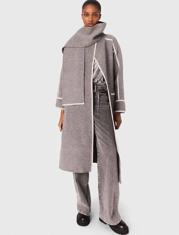 Maje Wool Double-faced Long Coat With Scarf - Grey/white