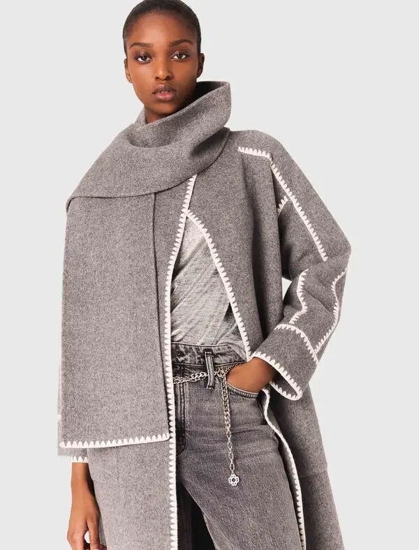 Maje Wool Double-faced Long Coat With Scarf - Grey/white
