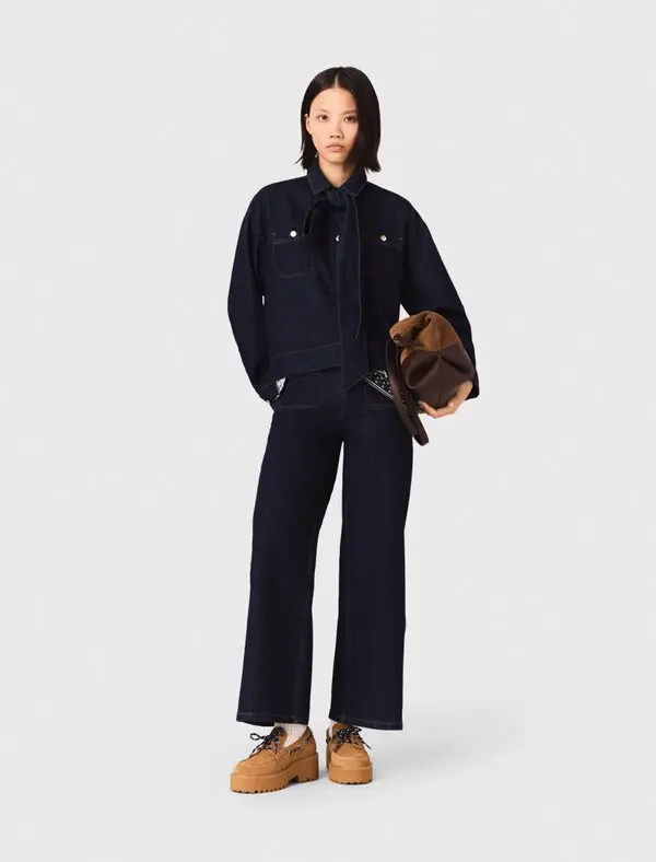 Maje Denim Jacket With Lavallière Collar - Navy