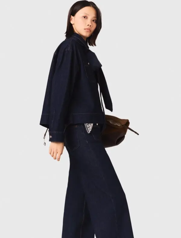 Maje Denim Jacket With Lavallière Collar - Navy