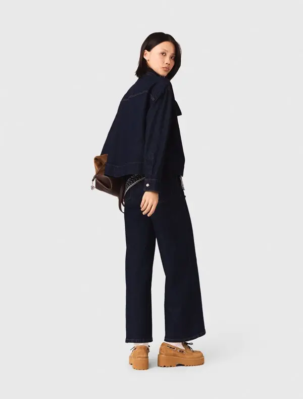 Maje Denim Jacket With Lavallière Collar - Navy