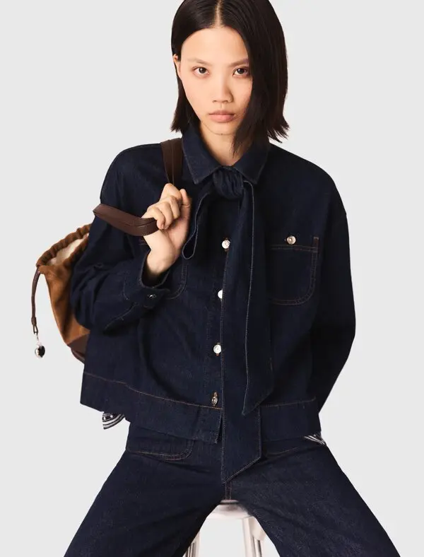Maje Denim Jacket With Lavallière Collar - Navy