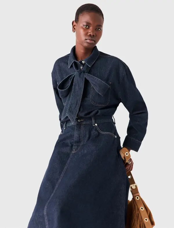 Maje Denim Jacket With Lavallière Collar - Navy