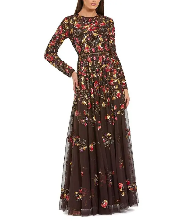 Mac Duggal Long Sleeve Floral Embellished Evening Gown - Espresso Multi