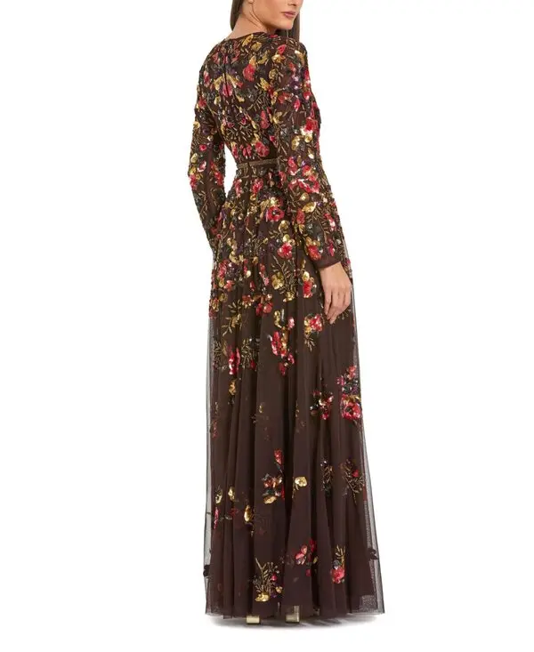 Mac Duggal Long Sleeve Floral Embellished Evening Gown - Espresso Multi