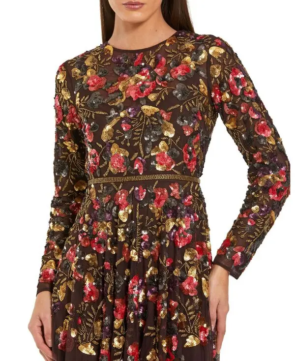 Mac Duggal Long Sleeve Floral Embellished Evening Gown - Espresso Multi