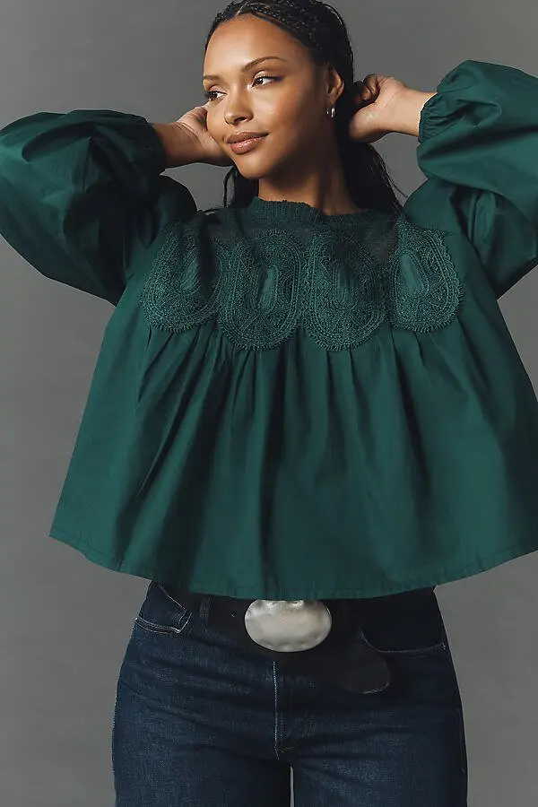 EN ELLY The Iris Long-sleeve Lace Poplin Blouse - Emerald