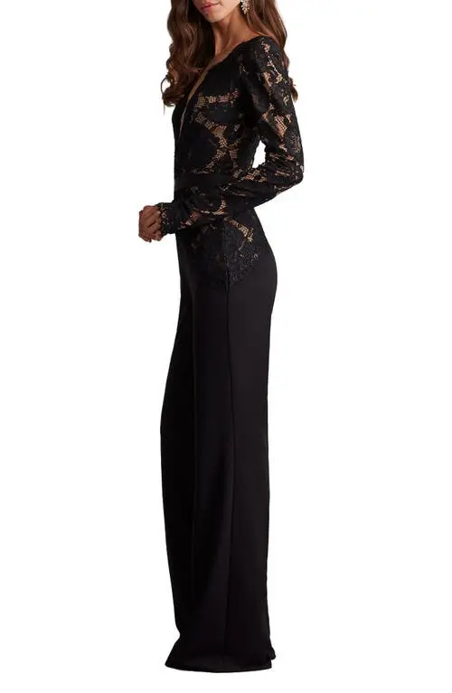 Tadashi Shoji Mixed Media Plunge Neck Long Sleeve Jumpsuit - Black/beige
