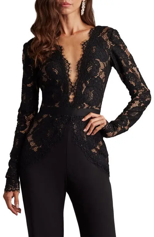 Tadashi Shoji Mixed Media Plunge Neck Long Sleeve Jumpsuit - Black/beige