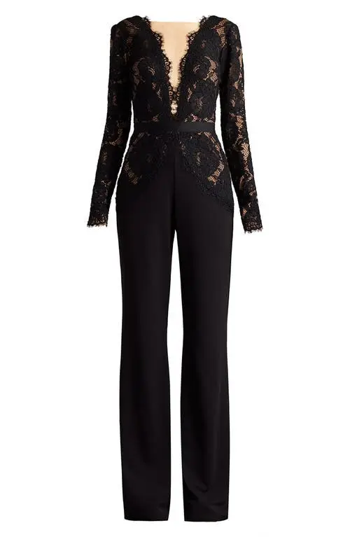 Tadashi Shoji Mixed Media Plunge Neck Long Sleeve Jumpsuit - Black/beige
