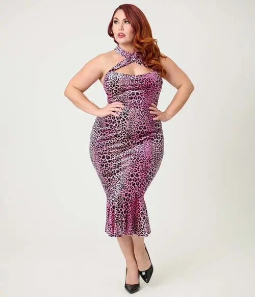 Unique Vintage Penelope Wiggle Dress - Pink Leopard