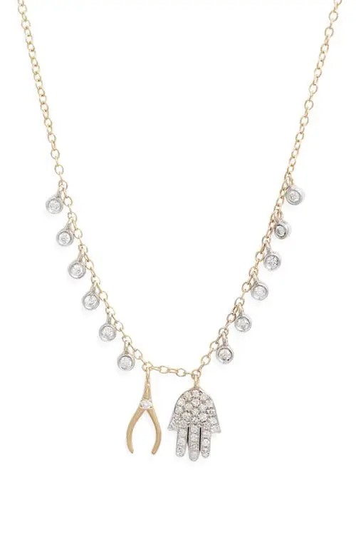 Meira T Wishbone Hamsa Diamond Charm Necklace - Yellow