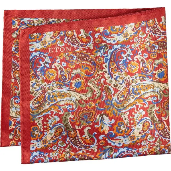 Eton Paisley Silk Pocket Square - Medium Red