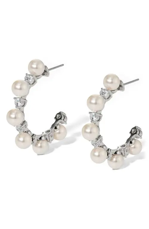 Nadri Cubic Zirconia & Faux Pearl Hoop Earrings - Rhodium