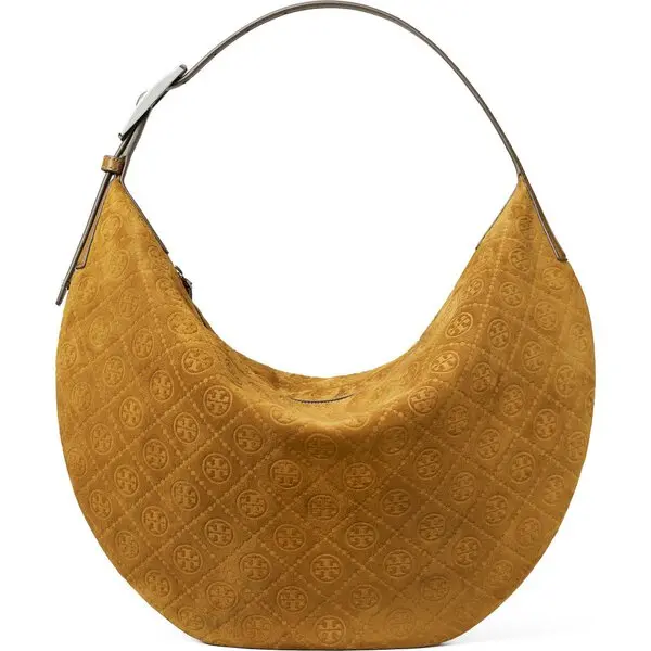 Tory Burch T Monogram Suede Balloon Bag - Chicory Brown