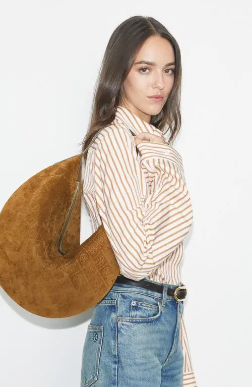 Tory Burch T Monogram Suede Balloon Bag - Chicory Brown