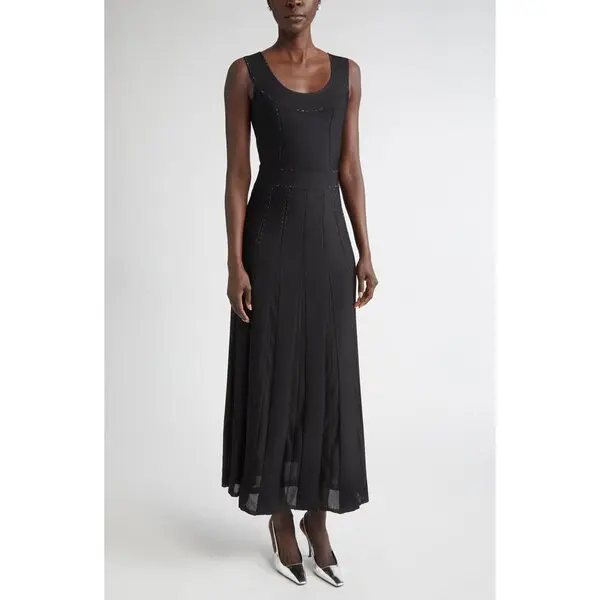 St. John Crystal Embellished Pleated Piqué Gown